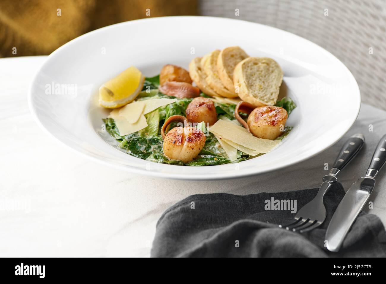 Gourmet dish - sea scallops grilled white plate. Scallops with ...