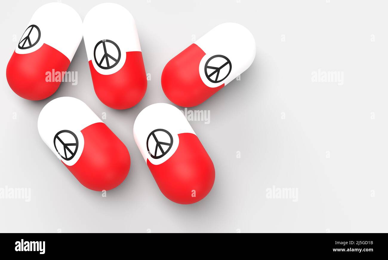 pharmacy Capsule in white an red with peace sign as a concept symbol ...