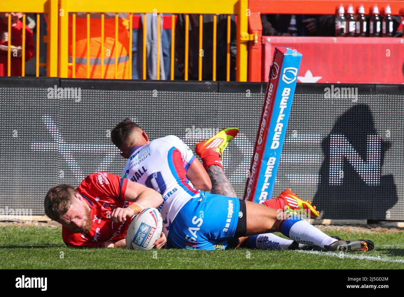 Ethan Ryan #23 of Hull KR goes over for his second try of the match ...