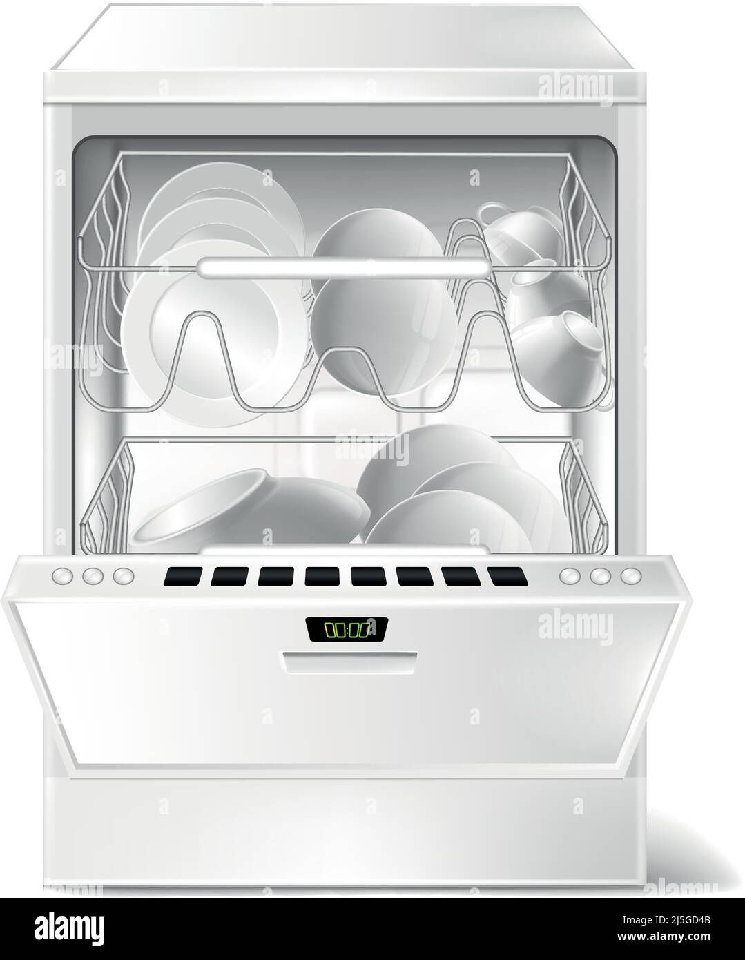 Vector 3d realistic dishwasher with open, closed door. Digital display ...