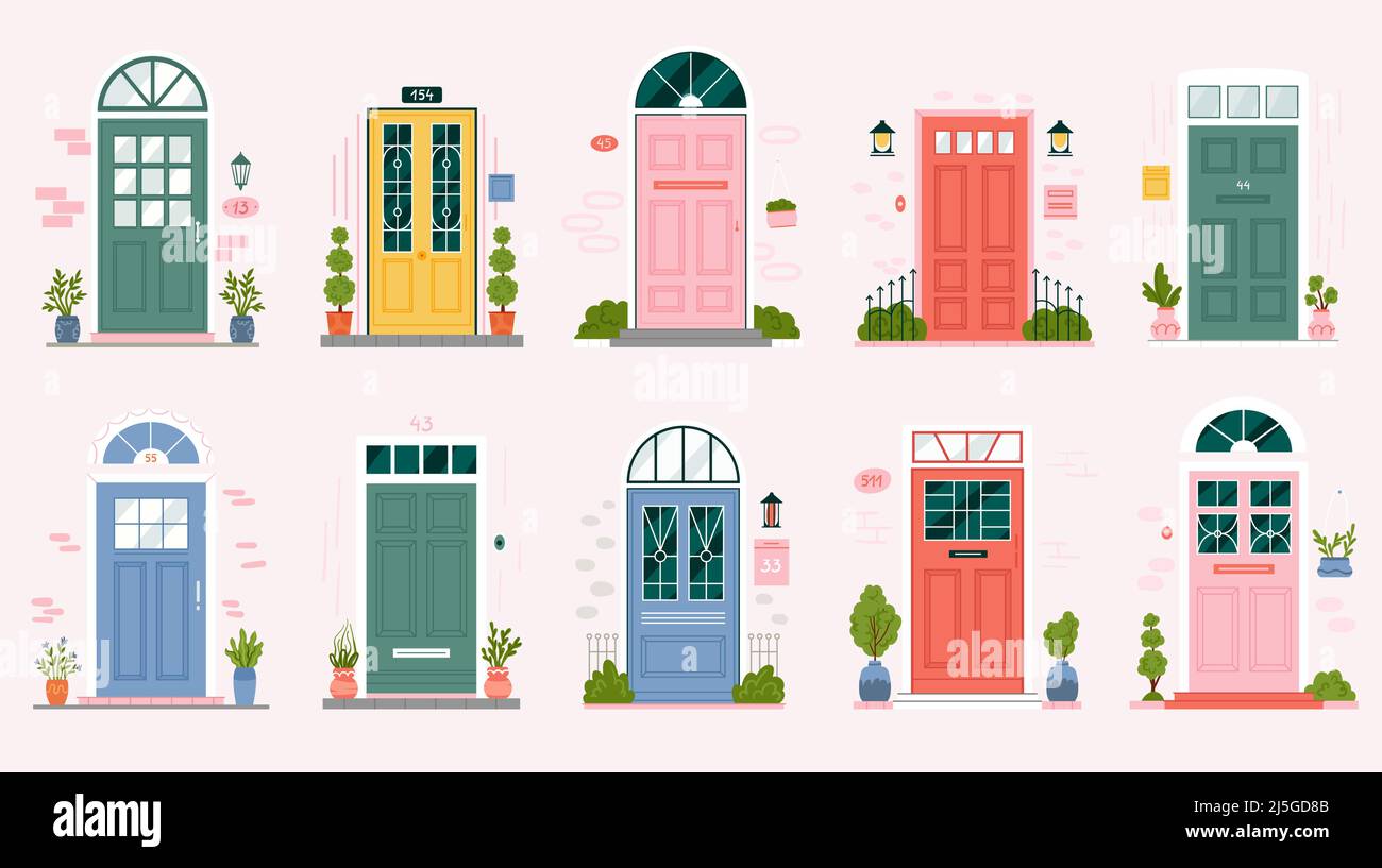 Retro vintage door for home apartment set vector illustration. Cartoon ...