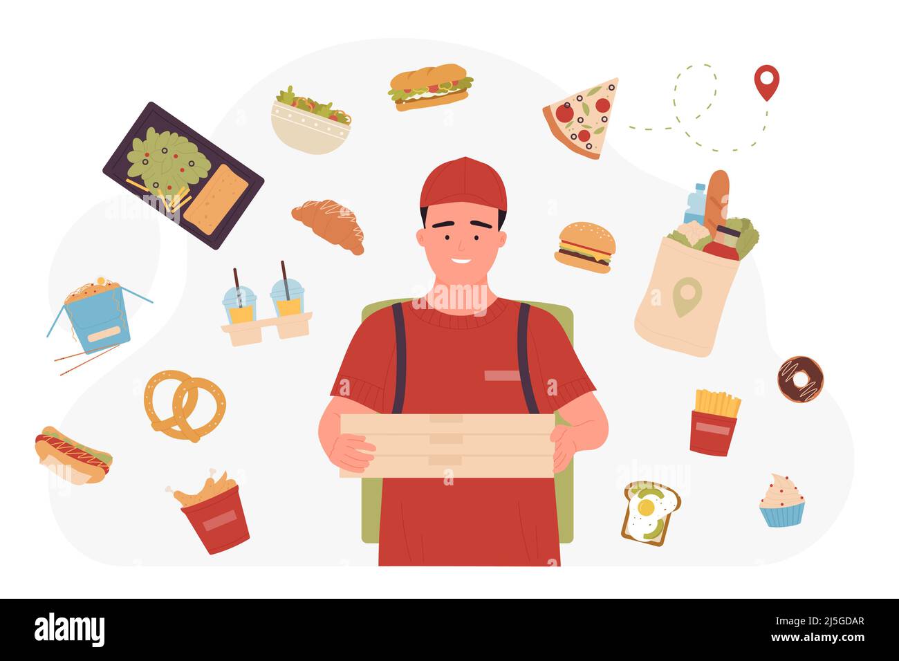 Takeaway order delivery to home with boy courier and fast food objects ...