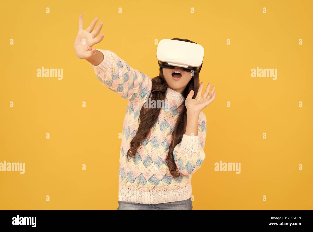 happy teen girl wear vr glasses using future technology for education ...