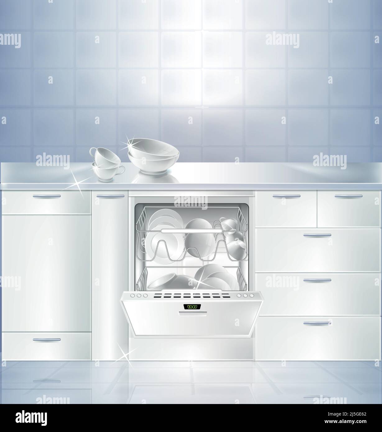 Vector realistic mockup of kitchen room with white clean floor and wall ...