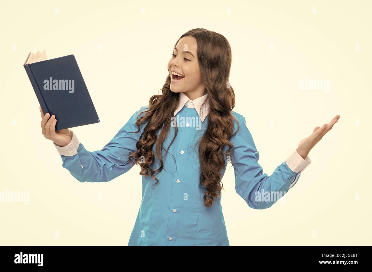 Happy child read school book aloud with expression isolated on white ...