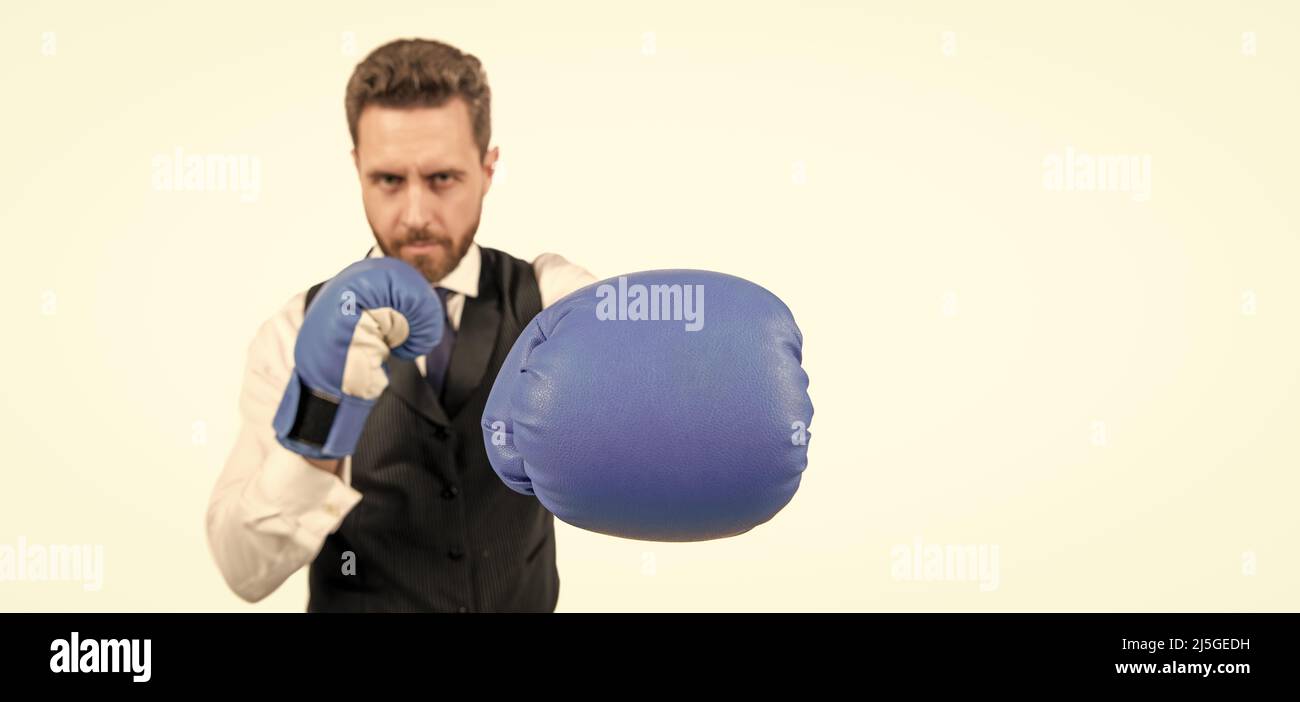 punch with fist in boxing gloves of man with copy space, selective ...