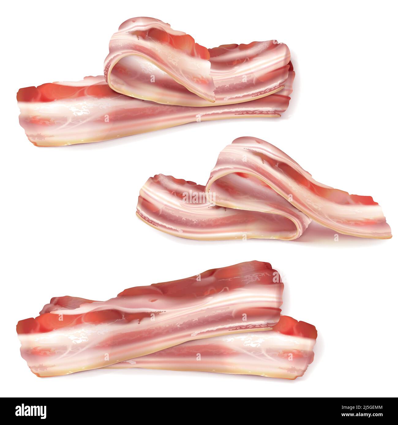 Vector realistic set of thin bacon strips, rashers, raw or smoked isolated on background. Fatty ...
