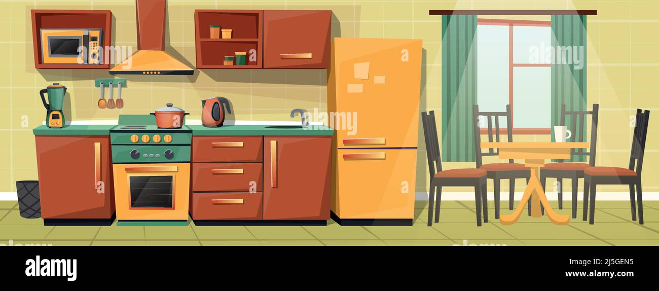 Vector cartoon interior of family kitchen - counter with appliances ...