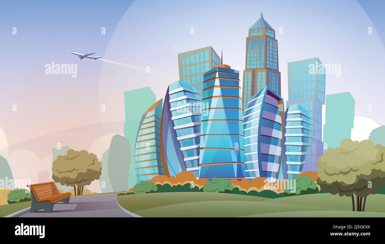 Cityscape vector cartoon background. Panorama of modern city with high ...