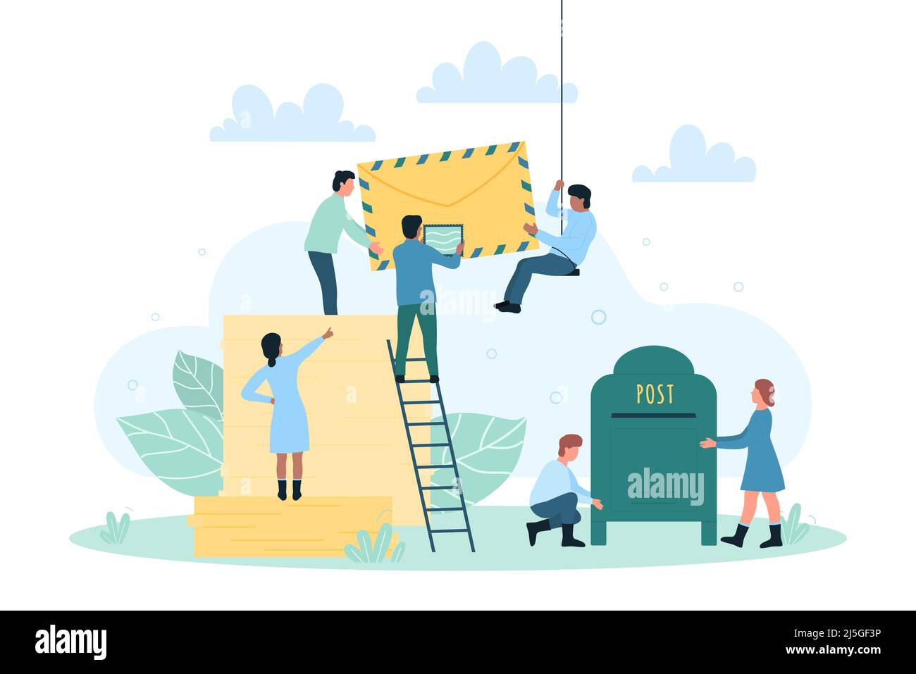 Work of tiny post office employees on mail message delivery. Cartoon ...