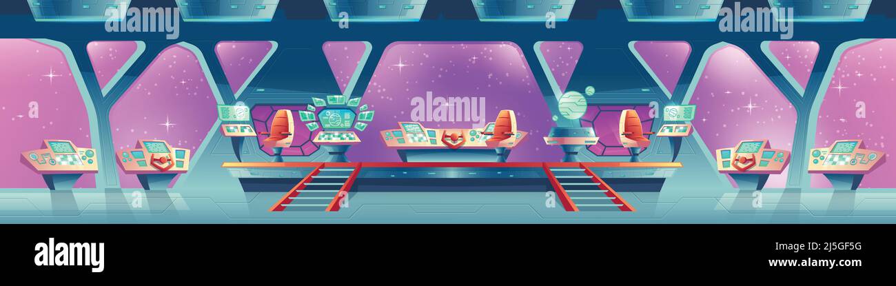 Vector cartoon interior of spaceship with control panels, virtual ...