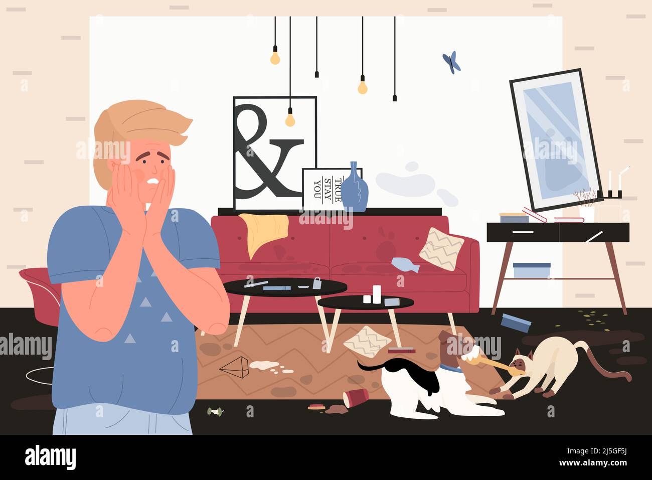 Shock, stress and frustration of pet owner looking at mess and chaos in ...