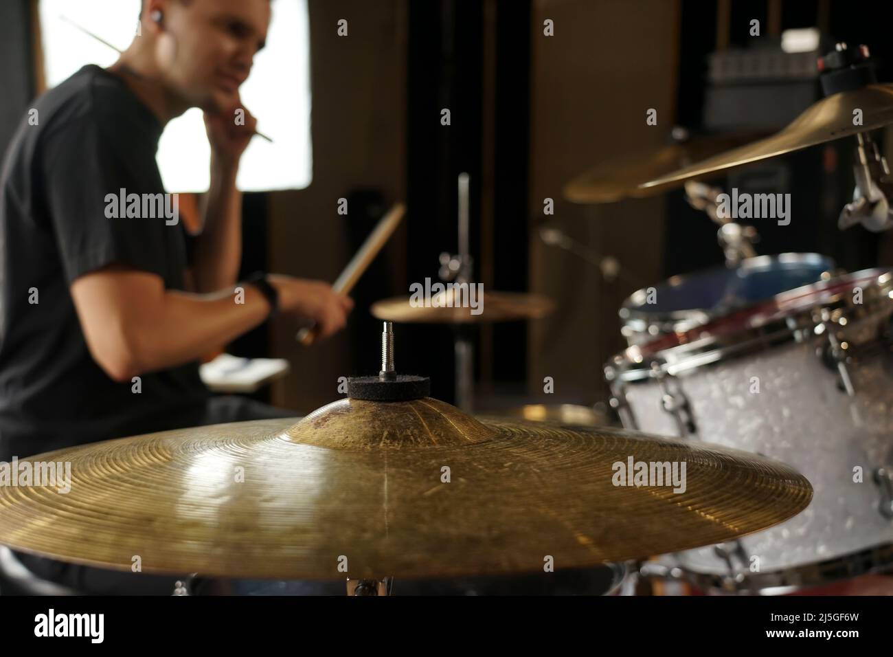 High-hat and crash cymbal close-up in the studio. Drum kit Stock Photo ...