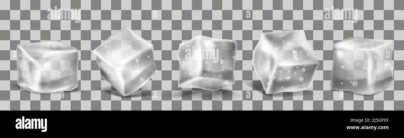 Vector 3d realistic ice cubes set with water drops. Square transparent frozen objects. Frost ...