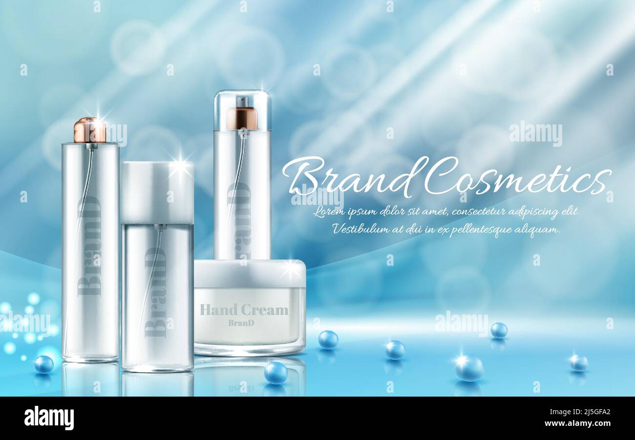 Vector banner with realistic set of bottles and jars for face mask ...