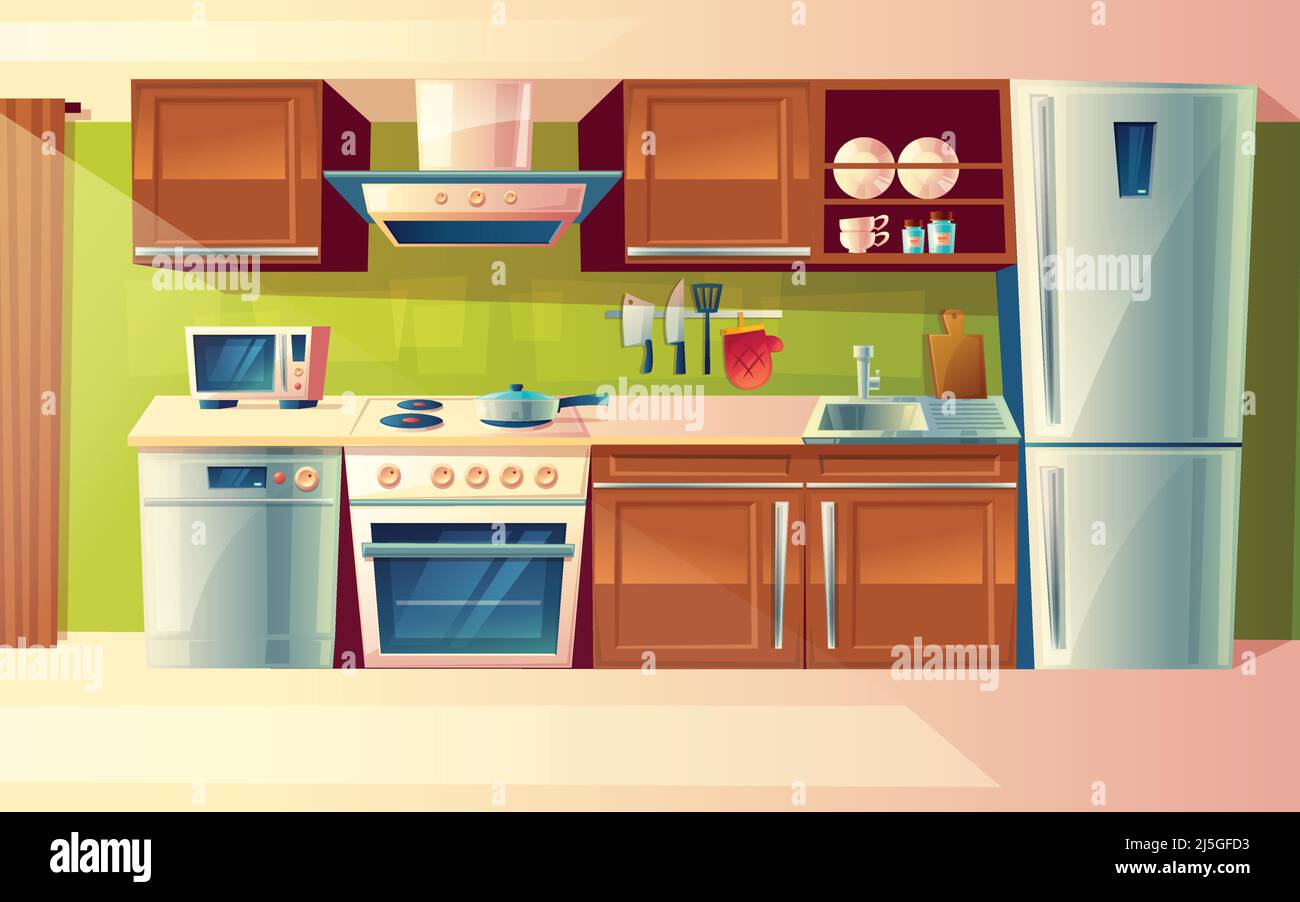 Vector cartoon cooking room interior, kitchen counter with appliances ...