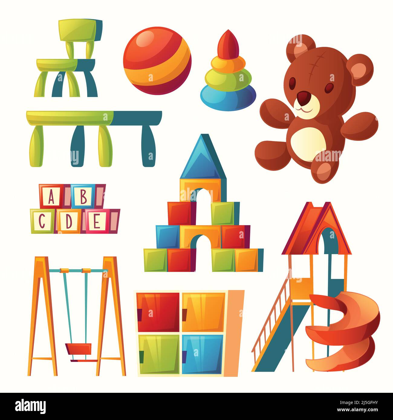 Vector set of cartoon toys for children playground, kindergarten. Teddy ...
