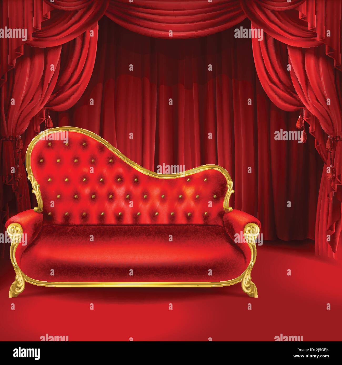 Theater vector concept, realistic luxurious red velvet sofa with golden ...