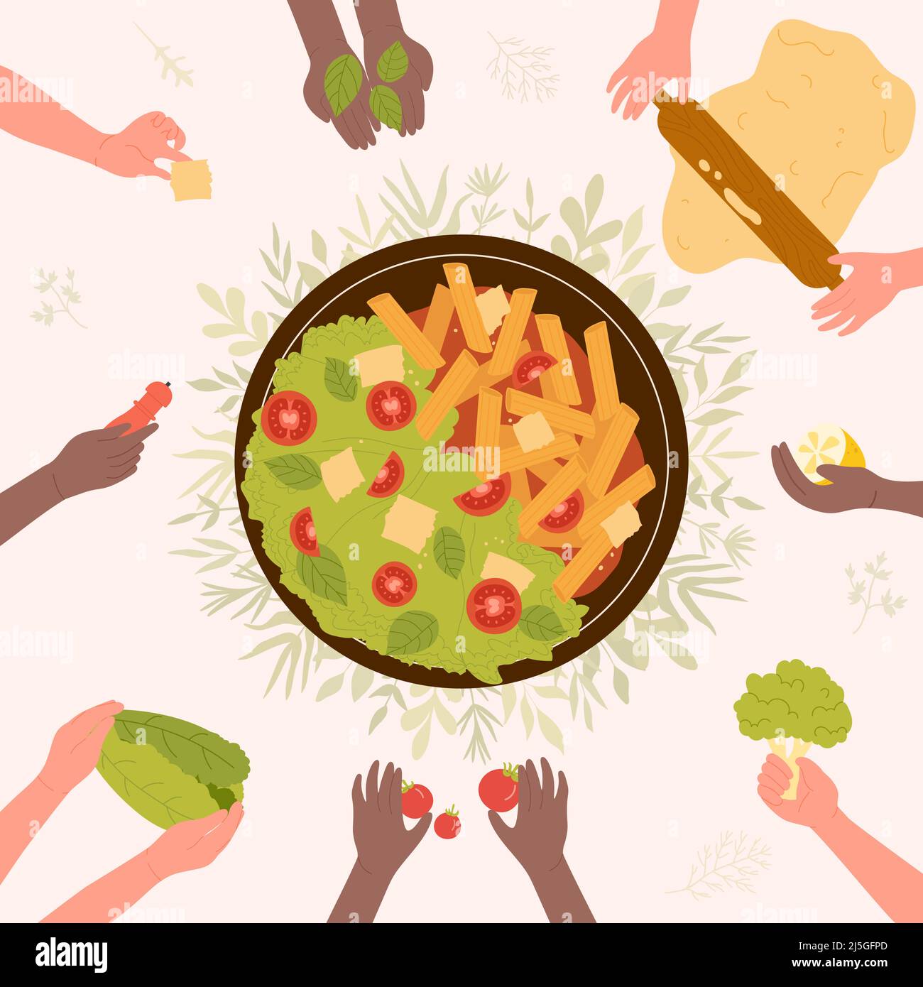 Hands of chefs cook pasta, top view vector illustration. Cartoon people ...