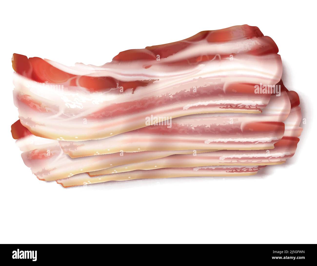 Vector realistic illustration of thin bacon strips, rashers, fresh, raw or smoked isolated on ...