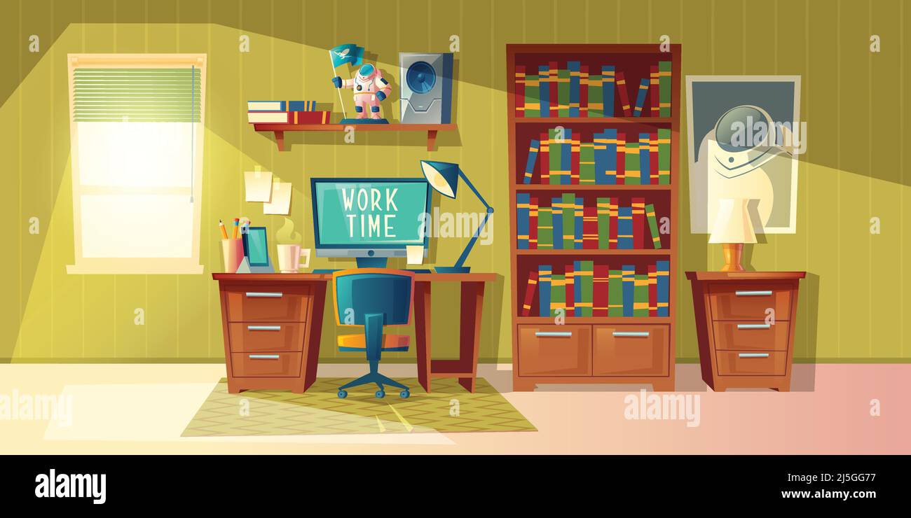 Vector cartoon illustration of empty home office with bookcase, modern ...