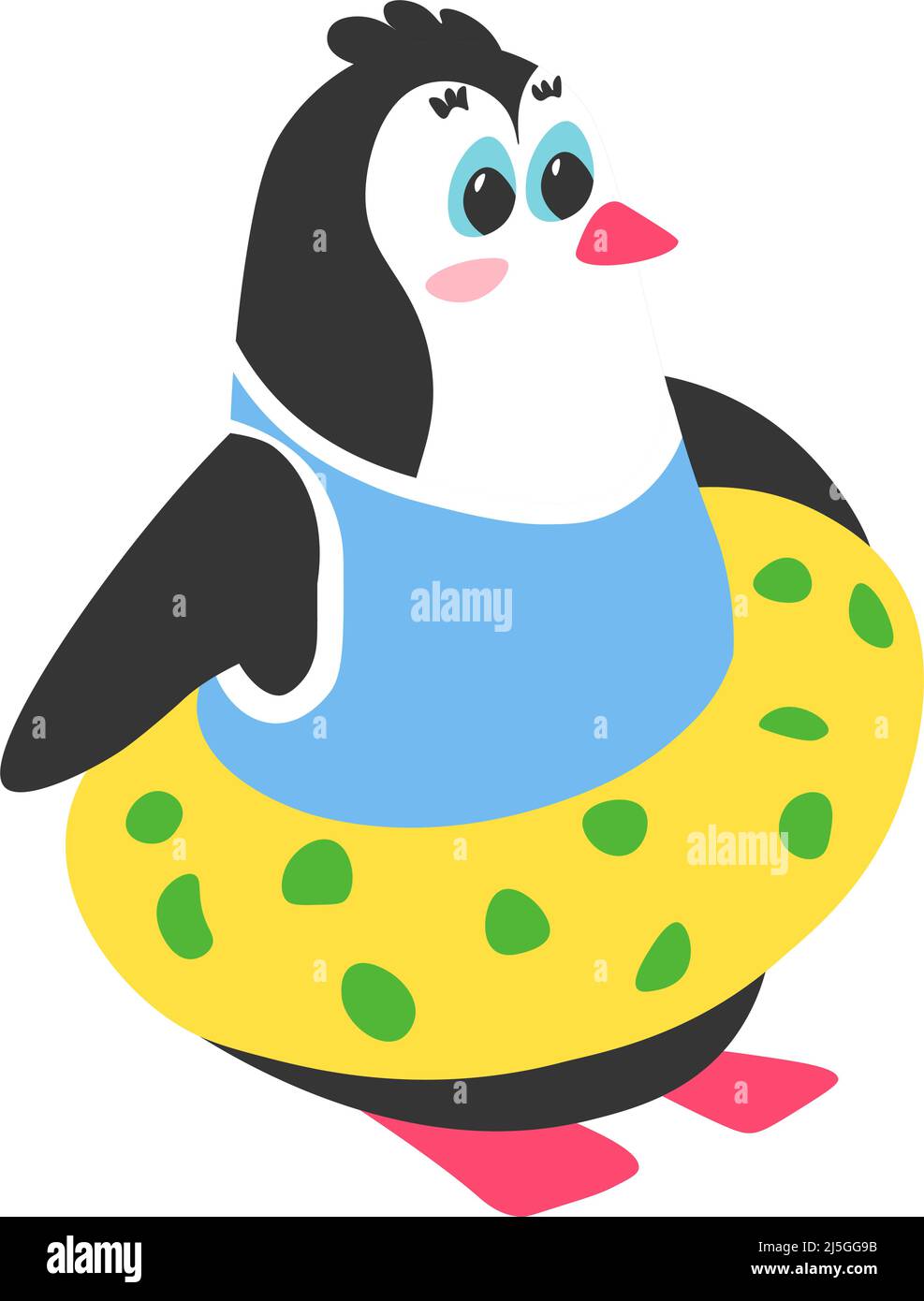 Funny penguin character wearing swimming suit and inflatable lifebuoy ...