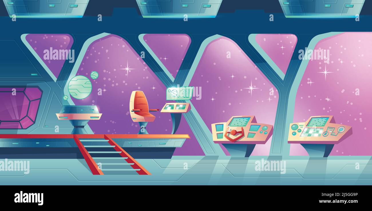 Vector cartoon interior of spaceship, cockpit with control panels and ...