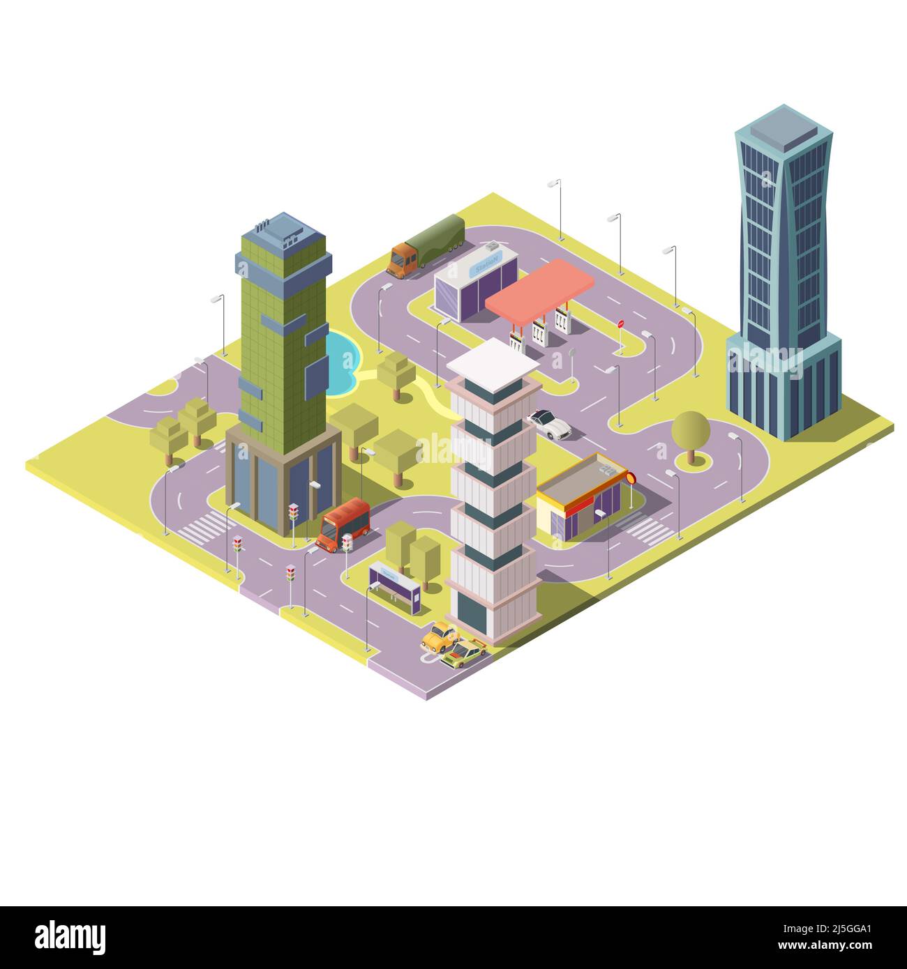 Vector 3d isometric map of city with buildings, skyscrapers, streets ...