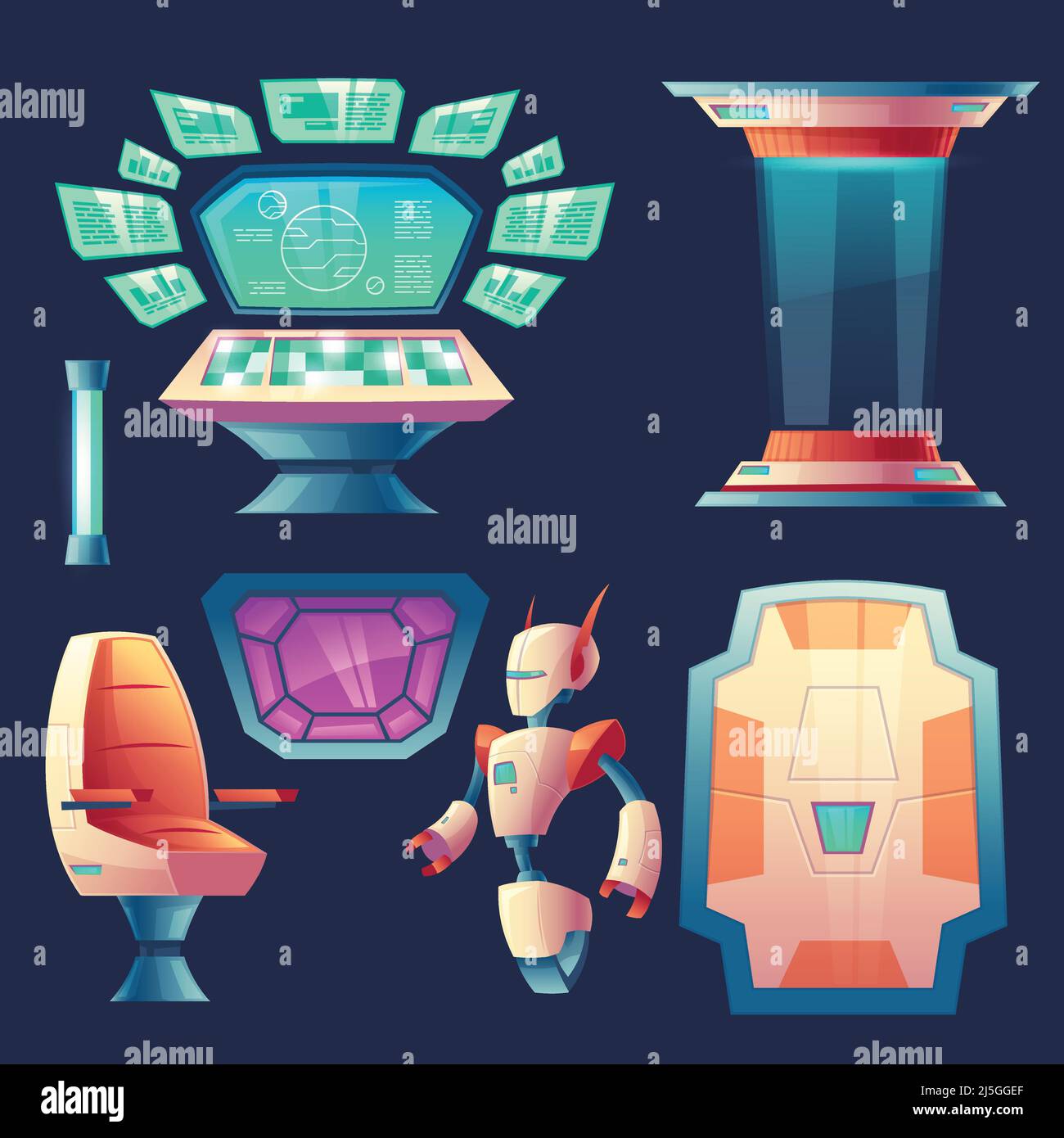 Vector set of alien spaceship design elements. Control panel with ...