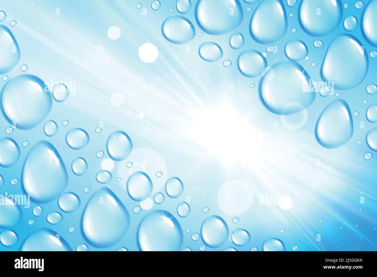 Blue background with rain drops fall on glass cover and shine light ...