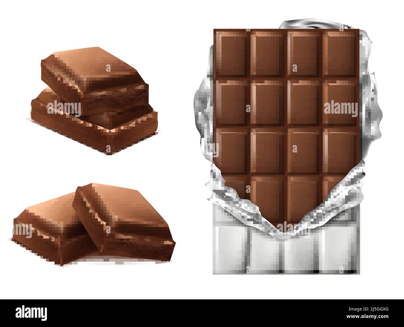 Vector 3d realistic chocolate pieces. Brown delicious bar in torn foil ...