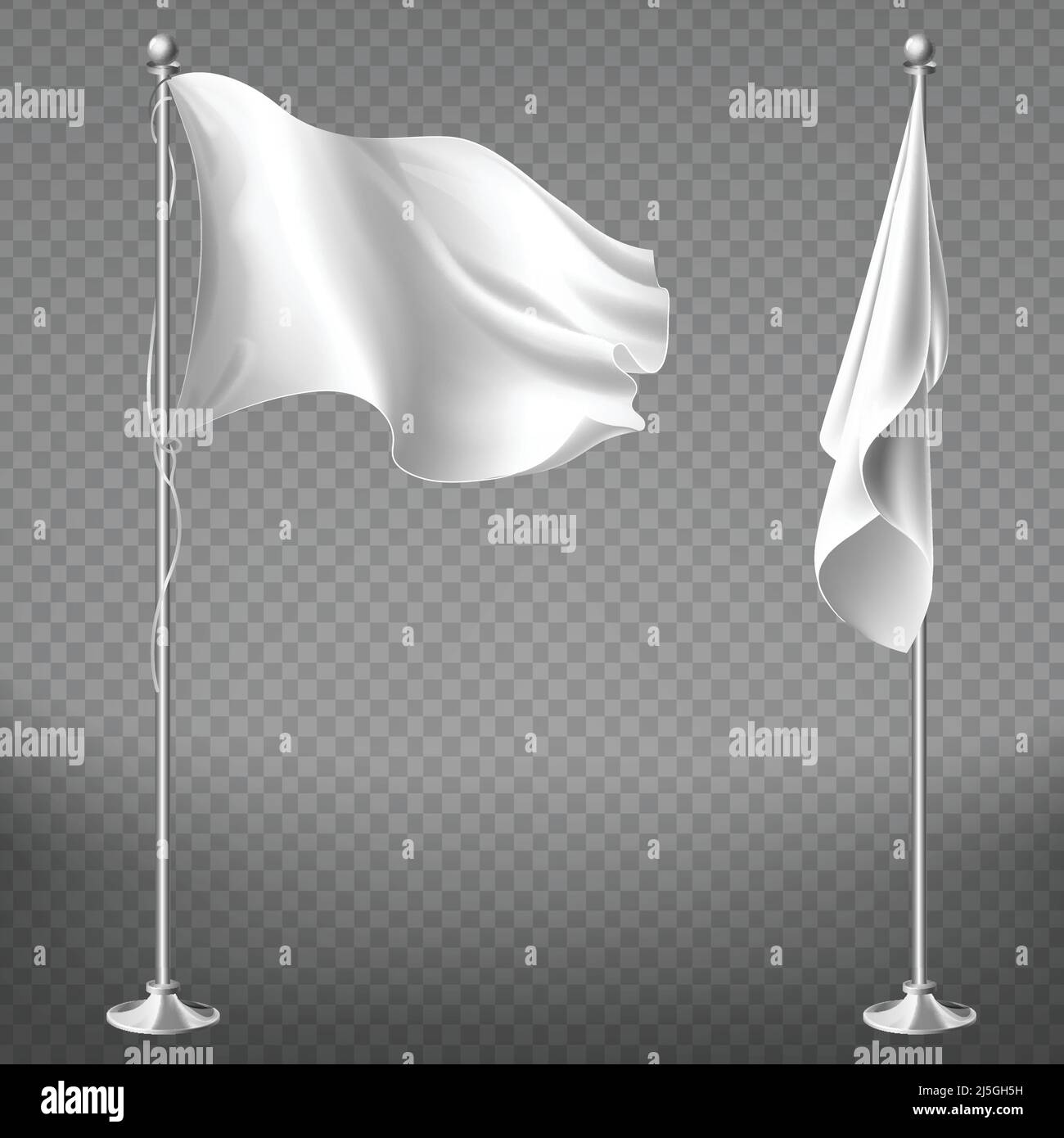Vector realistic set of two white flags on steel poles isolated on ...