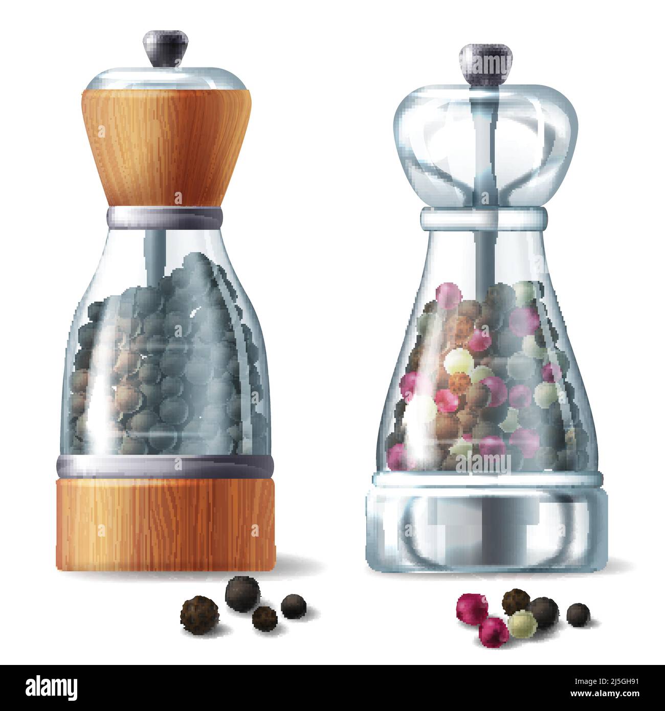 Vector realistic set of two pepper mills, glass containers filled with ...