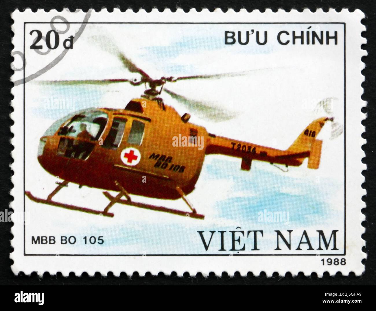VIETNAM - CIRCA 1989: a stamp printed in Vietnam shows MBB BO 105 ...