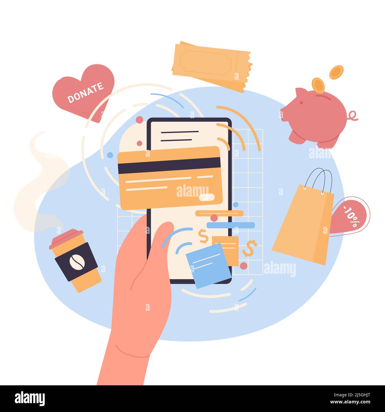 Online payment and transfer money. Cartoon hand of user holding phone ...