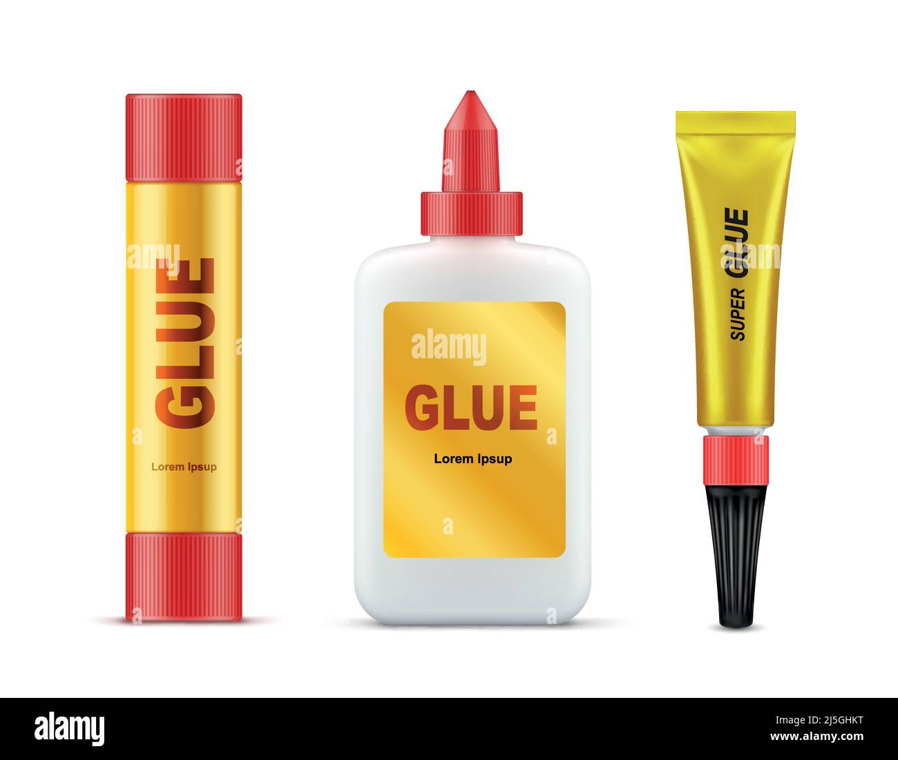 Different types of branded glue tubes with gold label and red cap ...