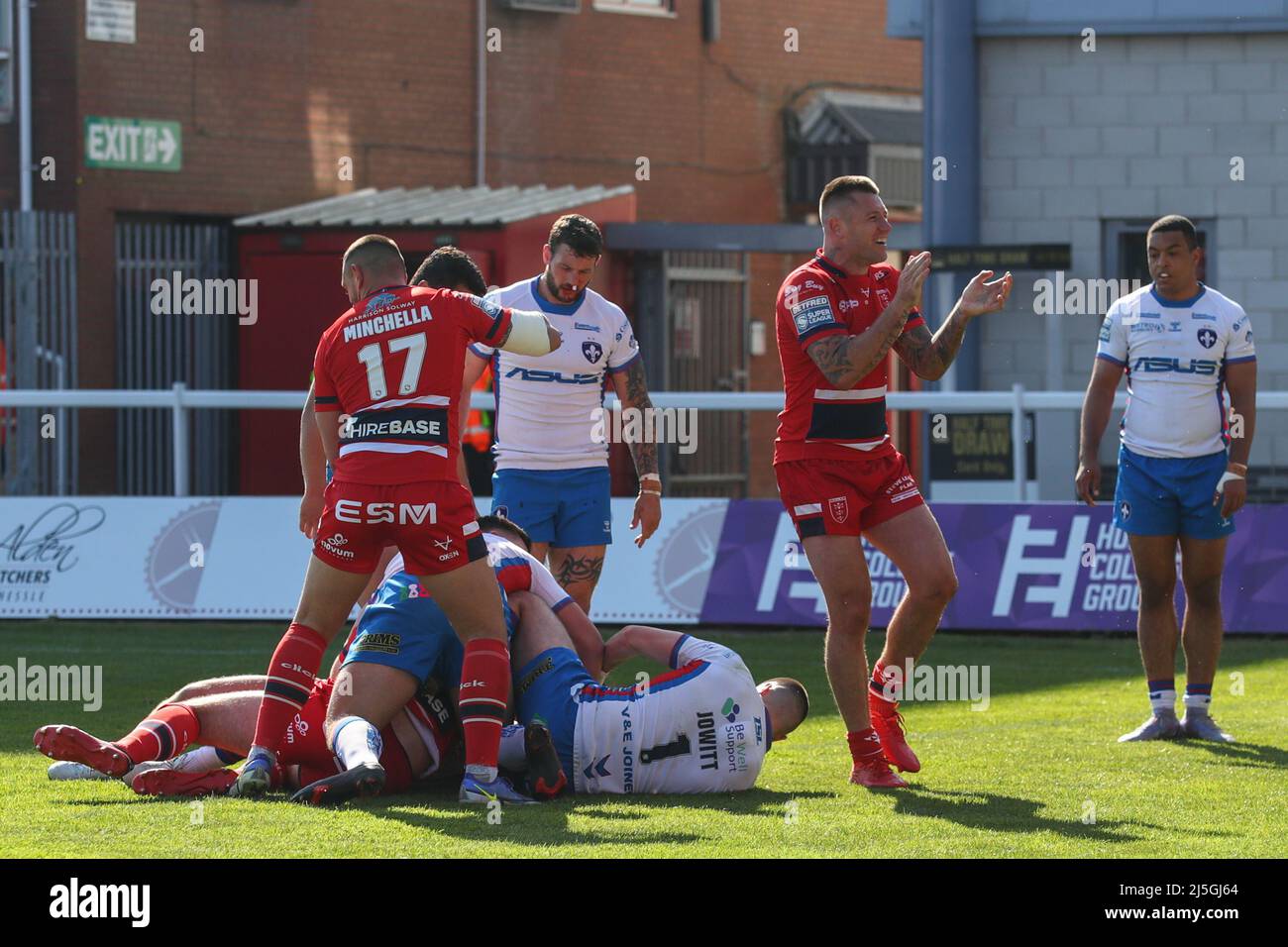 Shaun Kenny-Dowall #4 of Hull KR celebrates Kane Linnett #12 of Hull KR ...
