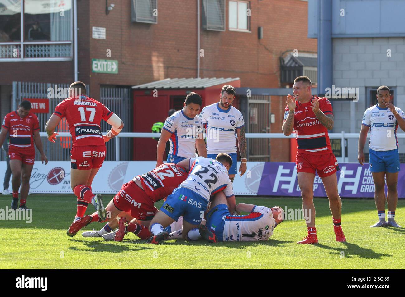 Shaun Kenny-Dowall #4 of Hull KR celebrates Kane Linnett #12 of Hull KR ...