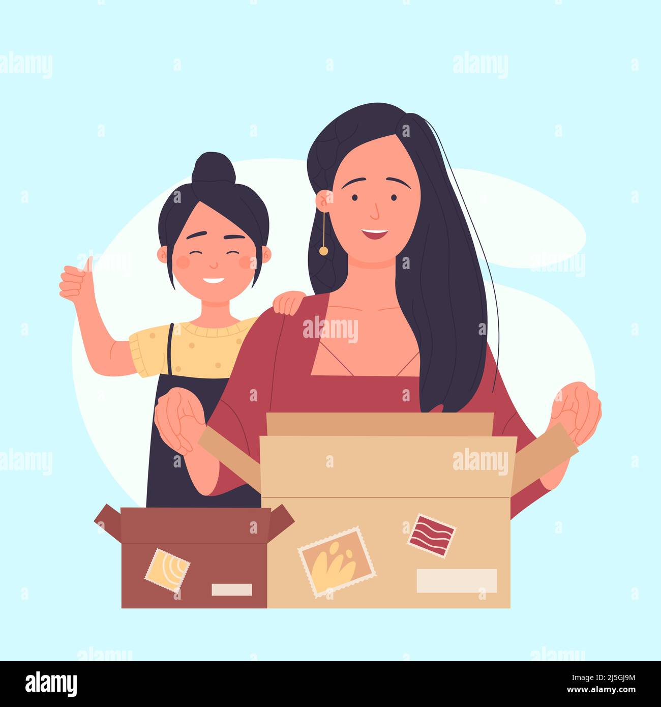 Happy family characters open cardboard box, customers receive package ...