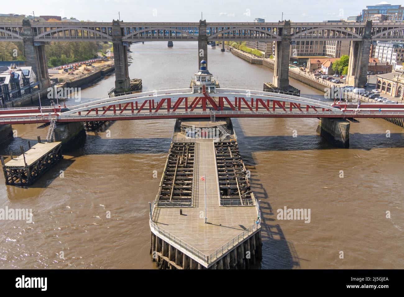 The Swing Bridge and High Level Bridge linking Newcastle with Gateshead ...