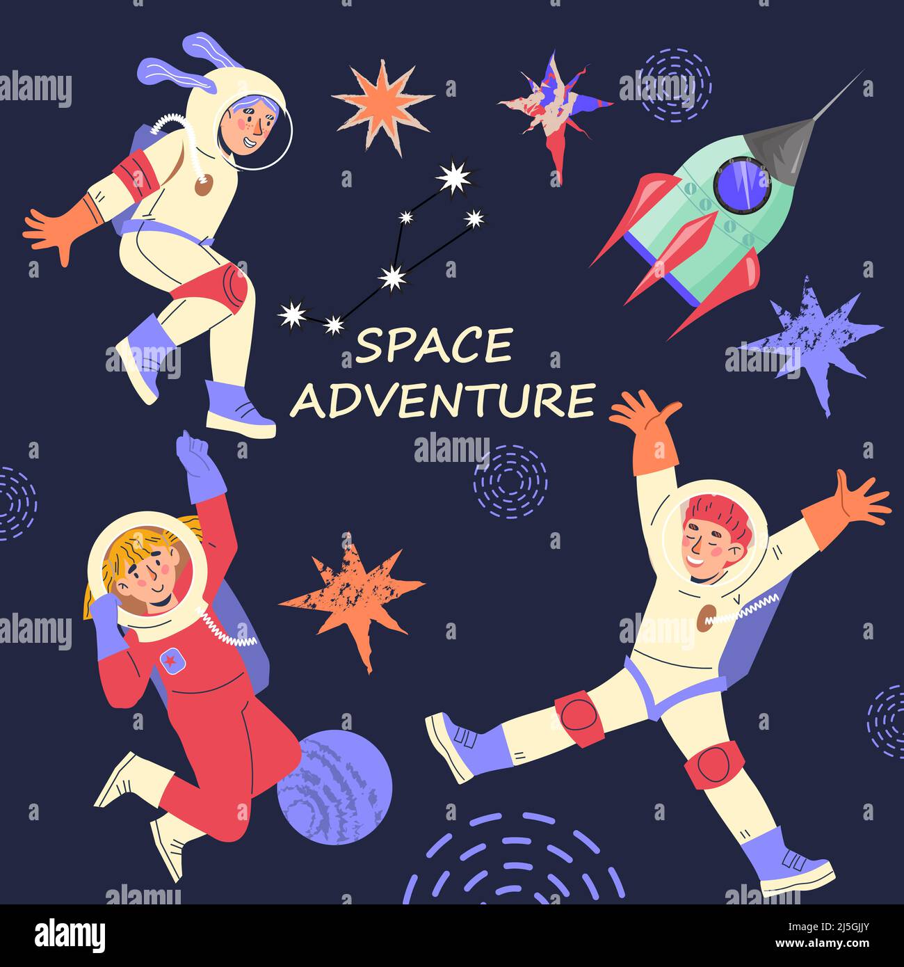 Space adventure for children banner or poster with kids astronauts ...