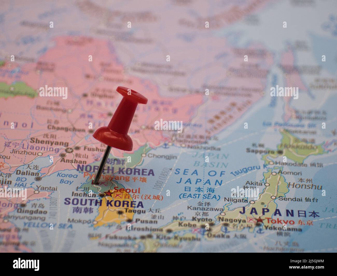 Close up of the korean peninsular with north korean capital, pyongyang ...