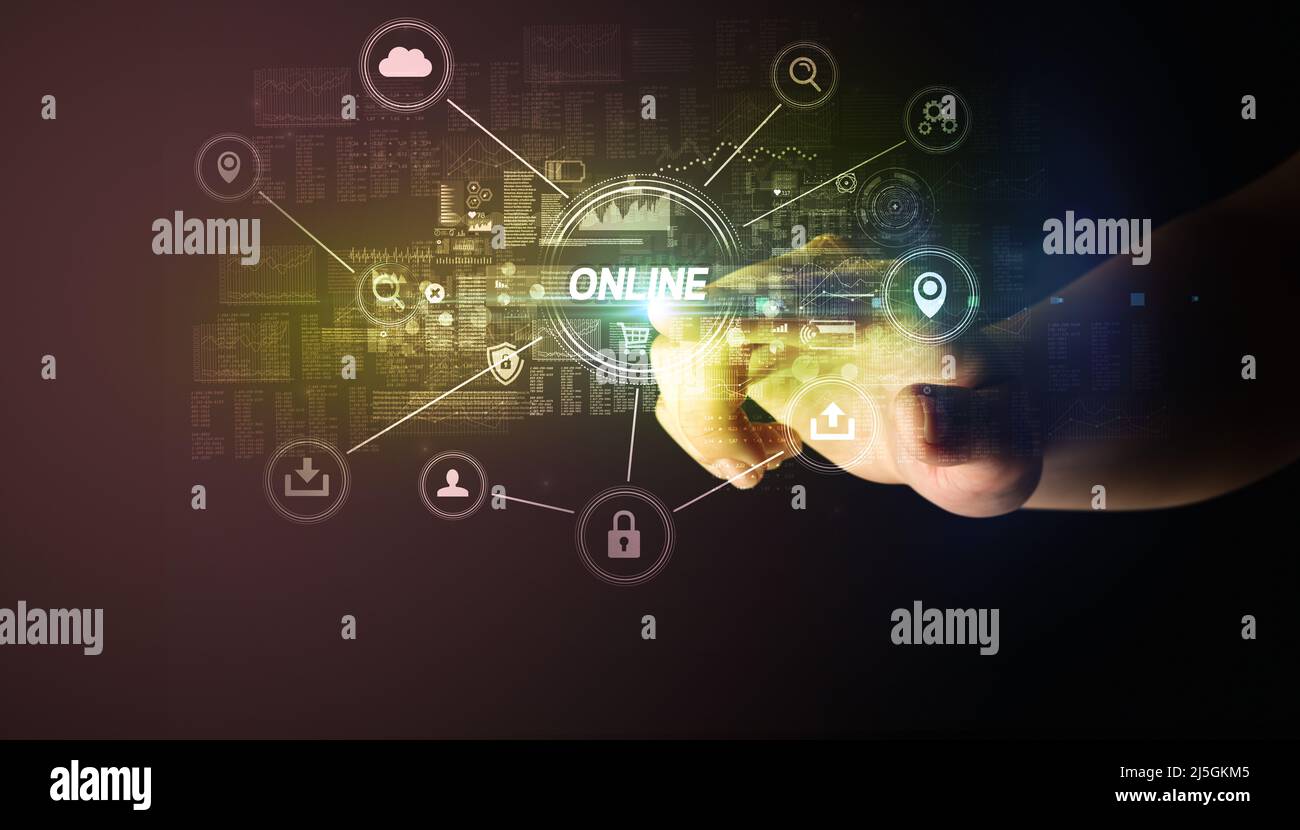 Hand touching cybersecurity button concept Stock Photo - Alamy