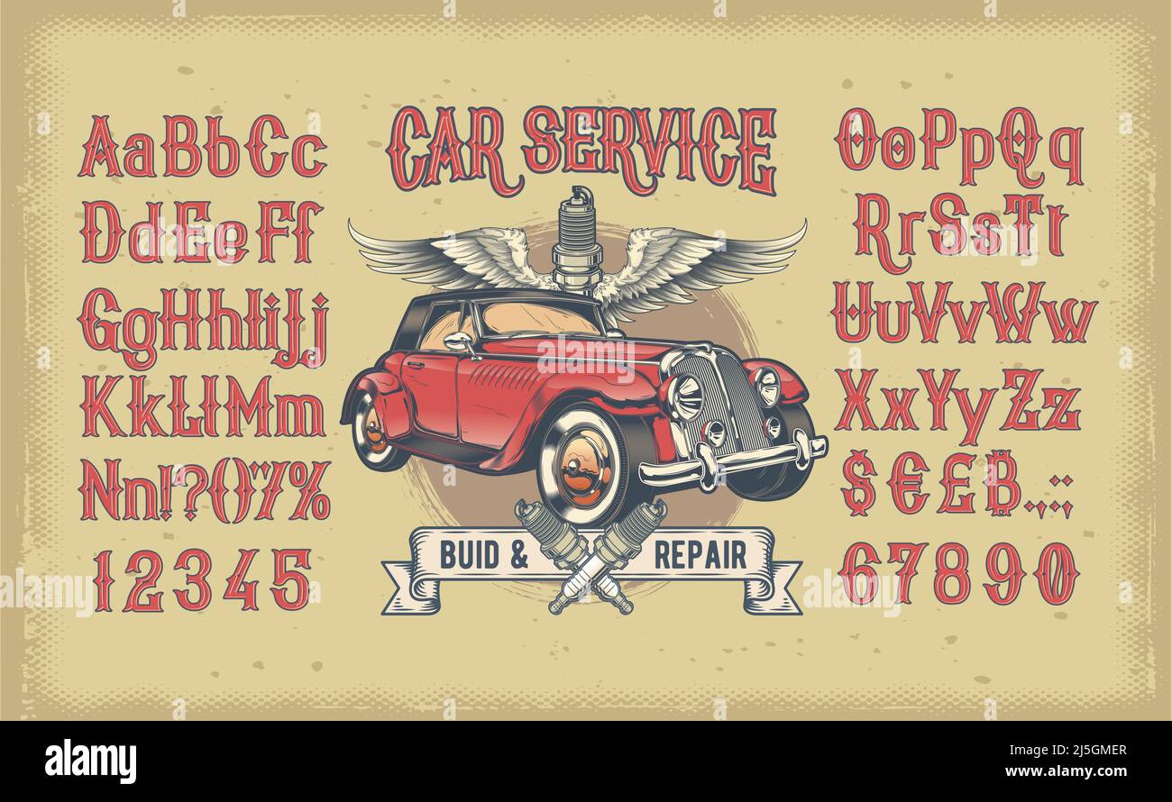 Vector illustration of a vintage red Latin font with numbers and a ...