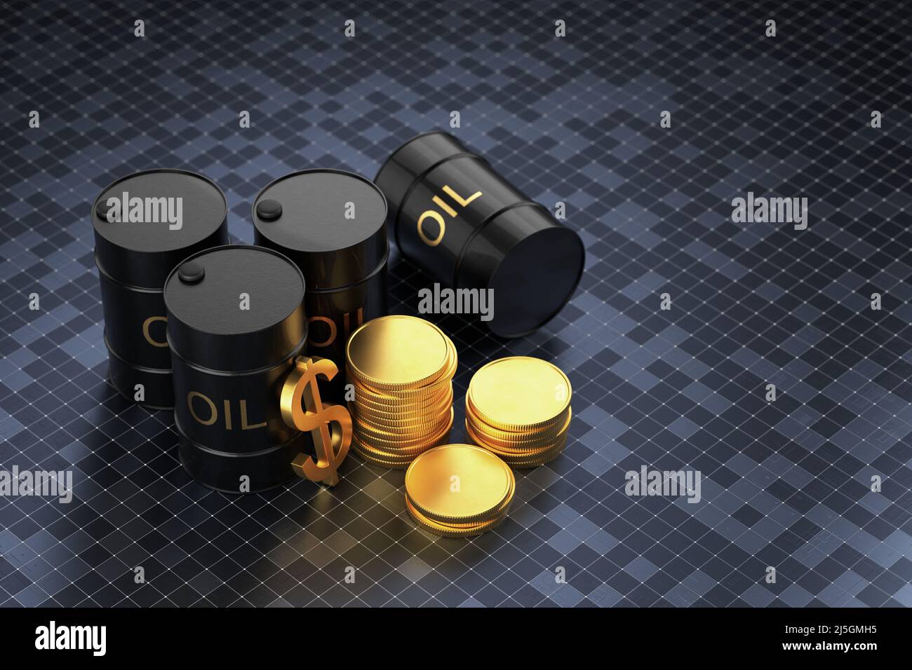 Black metal barrels with coins on a checkered background. Oil trade ...