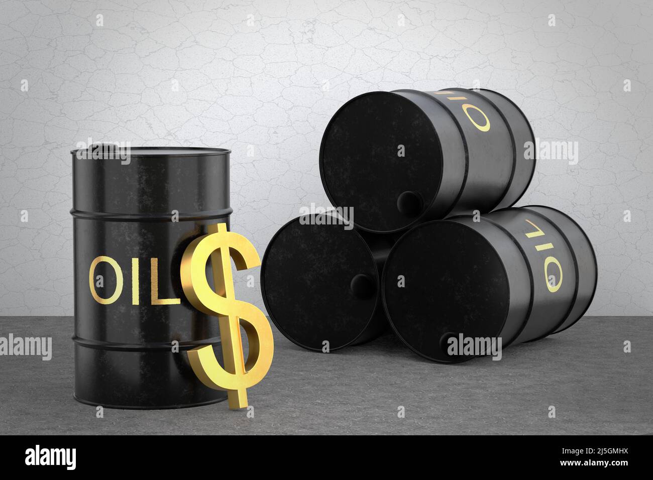 Black barrels with oil. Dollar sign. 3D render Stock Photo - Alamy