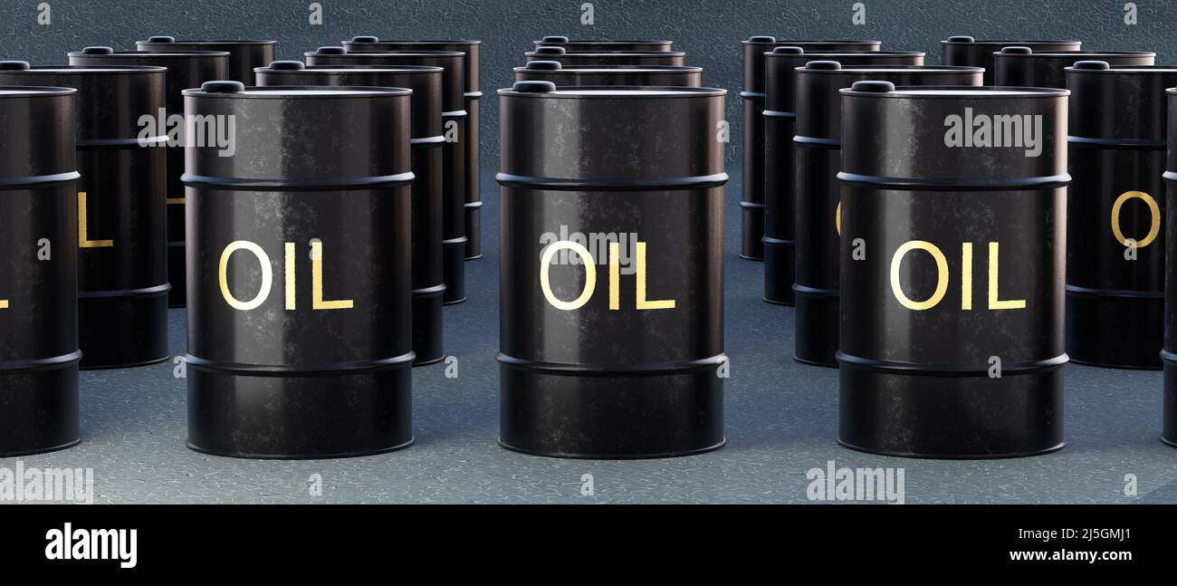 Black metallic barrels with oil standing. 3D render Stock Photo - Alamy
