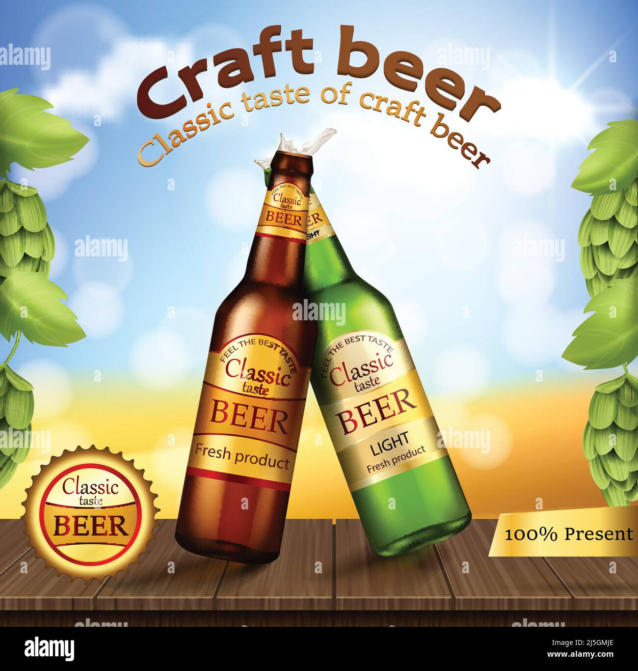 Vector realistic two glass beer bottle brown and green with brand label ...