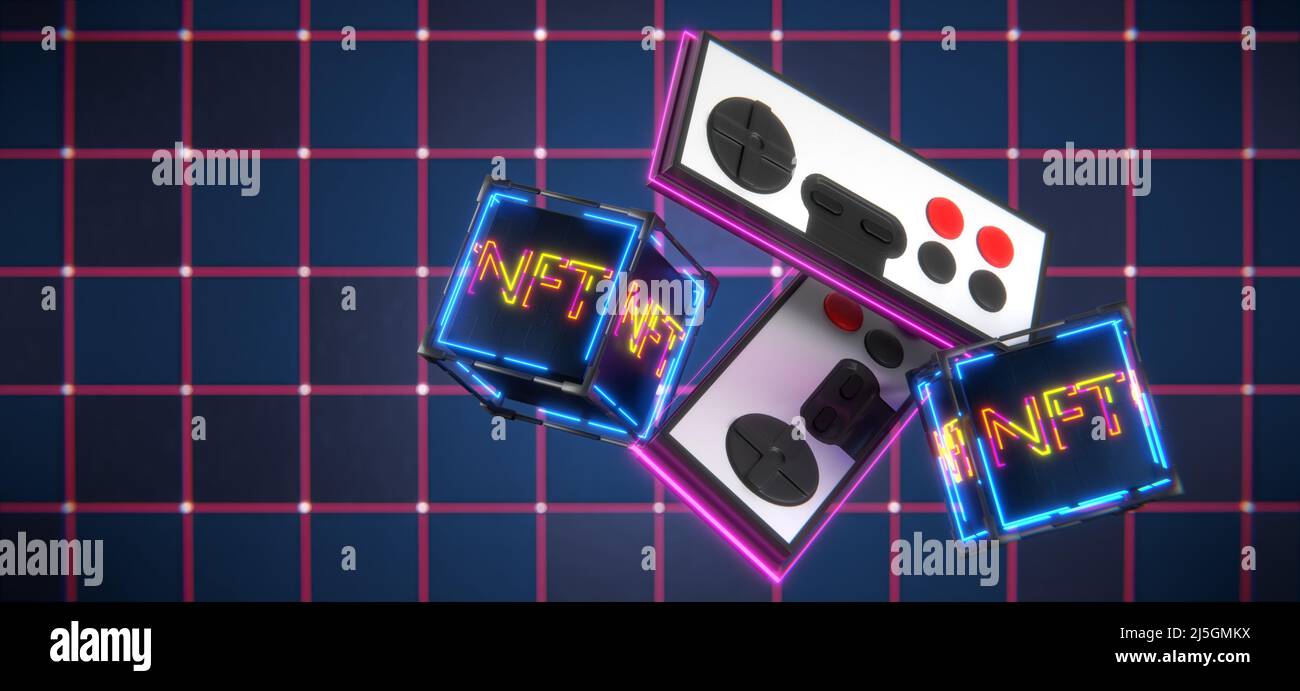NFT unique items rotate with game joystick on digital background. 3d ...
