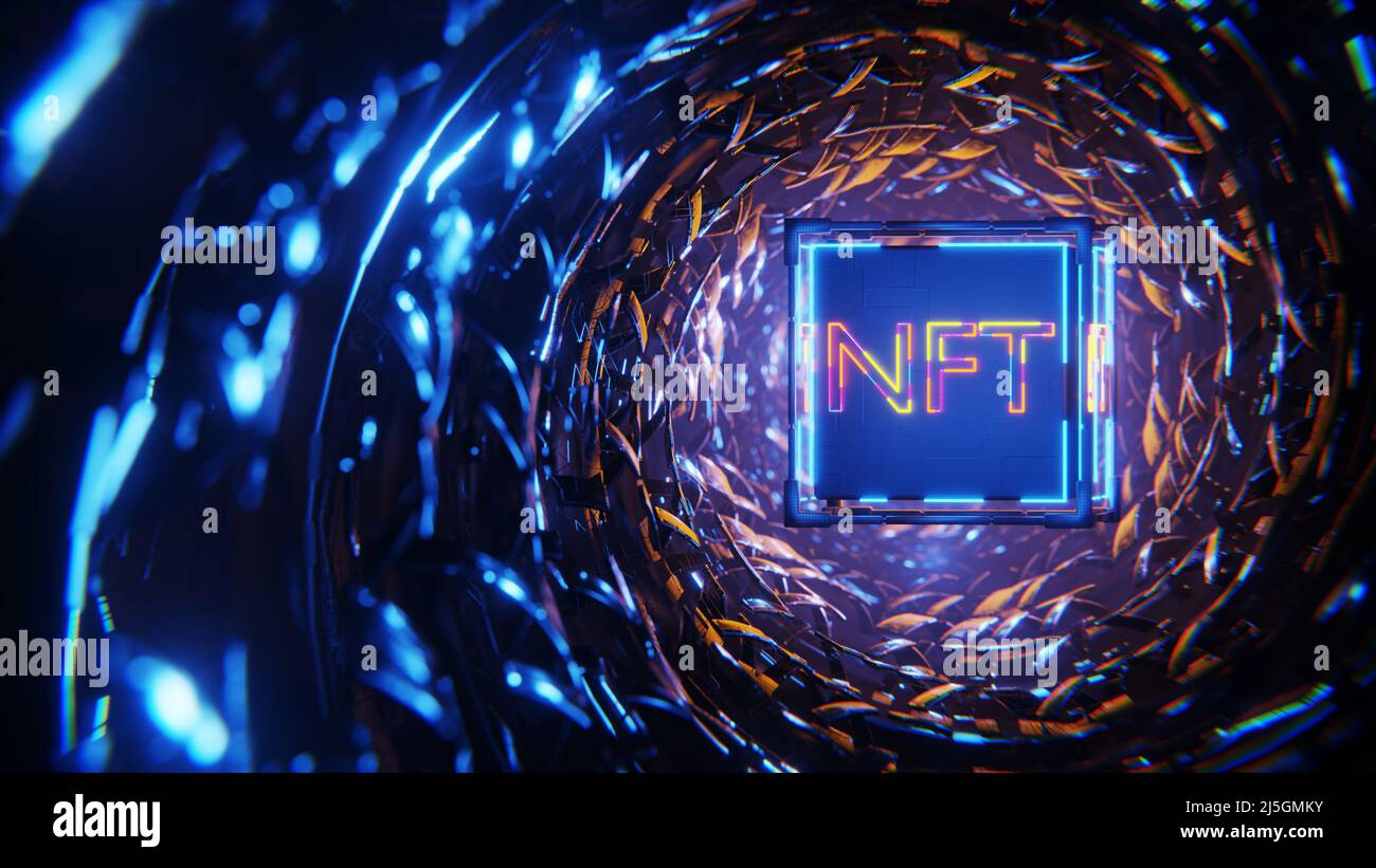 Cube with the inscription NFT in an abstract technology tunnel. non ...